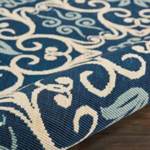 Nourison Caribbean Navy 7'10" x 10'6" Area-Rug, Geometric, Floral, Bed Room, Living Room, Dining Room, Kitchen, Easy-Cleaning, Non Shedding, (8' x 11')