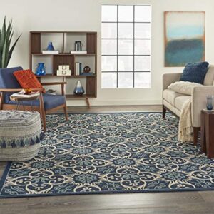 Nourison Caribbean Navy 7'10" x 10'6" Area-Rug, Geometric, Floral, Bed Room, Living Room, Dining Room, Kitchen, Easy-Cleaning, Non Shedding, (8' x 11')