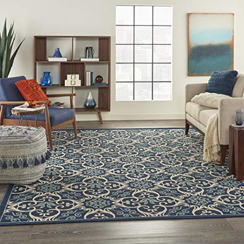 Nourison Caribbean Navy 7'10" x 10'6" Area-Rug, Geometric, Floral, Bed Room, Living Room, Dining Room, Kitchen, Easy-Cleaning, Non Shedding, (8' x 11')