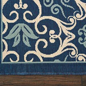 Nourison Caribbean Navy 7'10" x 10'6" Area-Rug, Geometric, Floral, Bed Room, Living Room, Dining Room, Kitchen, Easy-Cleaning, Non Shedding, (8' x 11')