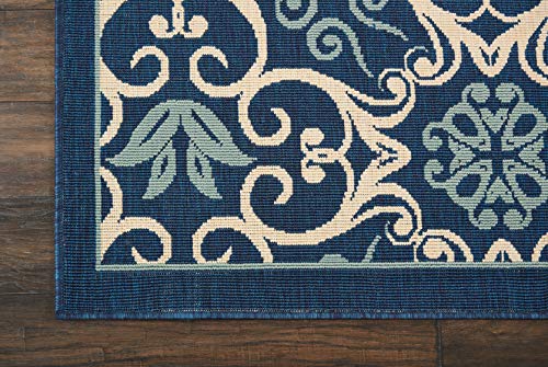 Nourison Caribbean Navy 7'10" x 10'6" Area-Rug, Geometric, Floral, Bed Room, Living Room, Dining Room, Kitchen, Easy-Cleaning, Non Shedding, (8' x 11')