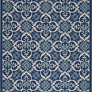 Nourison Caribbean Navy 7'10" x 10'6" Area-Rug, Geometric, Floral, Bed Room, Living Room, Dining Room, Kitchen, Easy-Cleaning, Non Shedding, (8' x 11')