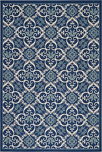 Nourison Caribbean Navy 7'10" x 10'6" Area-Rug, Geometric, Floral, Bed Room, Living Room, Dining Room, Kitchen, Easy-Cleaning, Non Shedding, (8' x 11')