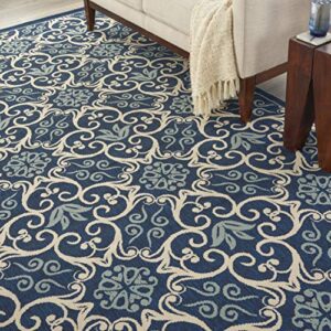 Nourison Caribbean Navy 7'10" x 10'6" Area-Rug, Geometric, Floral, Bed Room, Living Room, Dining Room, Kitchen, Easy-Cleaning, Non Shedding, (8' x 11')