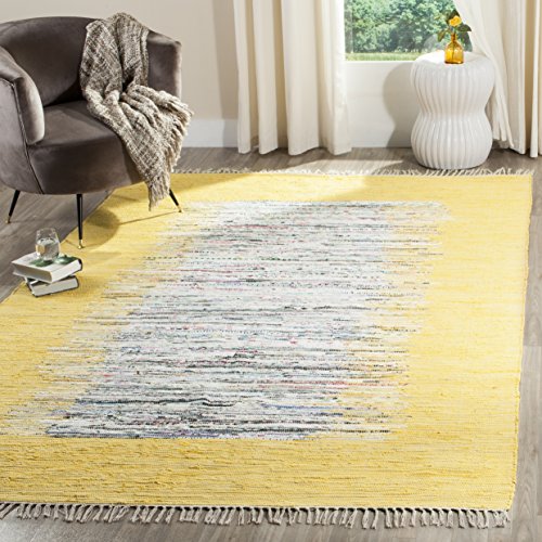 SAFAVIEH Montauk Collection 4' x 6' Ivory / Yellow MTK711Q Handmade Stripe Fringe Cotton Area Rug