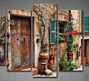 5 Panel Wall Art Streets of Italy Tuscany Towns Old Mediterranean Door Windows Flower Painting The Picture Print On Canvas Architecture Pictures for Home Decor Decoration Gift Piece