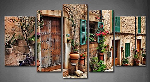 5 Panel Wall Art Streets of Italy Tuscany Towns Old Mediterranean Door Windows Flower Painting The Picture Print On Canvas Architecture Pictures for Home Decor Decoration Gift Piece