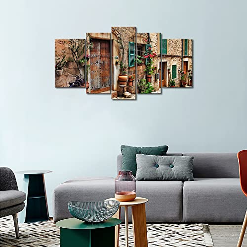 5 Panel Wall Art Streets of Italy Tuscany Towns Old Mediterranean Door Windows Flower Painting The Picture Print On Canvas Architecture Pictures for Home Decor Decoration Gift Piece