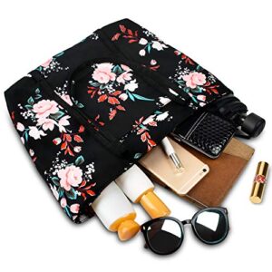 Floral Tote Bag Shoulder Bags For Women Waterproof Tote Handbags For Teens Beach School - Black Flower