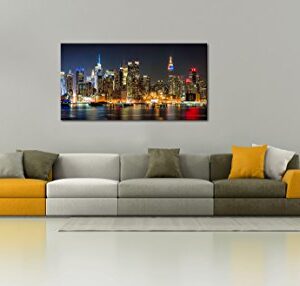 Picanova Illuminated Manhattan New York 100 x 50 cm - Premium Canvas Print - Art Print on 2 cm Wooden Stretcher Frame for Bedroom and Living Room Print on Canvas, Multi-Colour