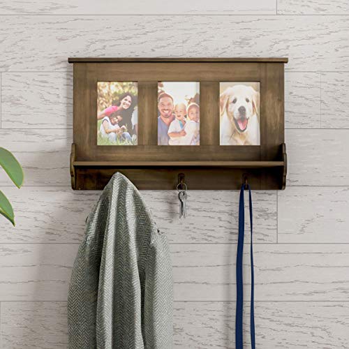 Lavish Home Rustic Wood Look, Wall Shelf Collage with Ledge and 3 Hanging Hooks-Photo Frame Décor Shelving, Holds 4x6 Pictures, 19” x 3.5” x 11.5