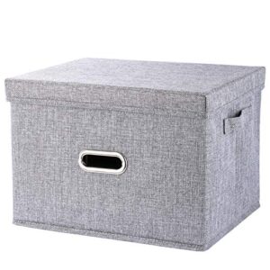 storage cube with lid, fabric basket bin with dual handles, decorative linen storage container clothes basket for closet, shelves, 15″ x 11″ x 10.2″, grey