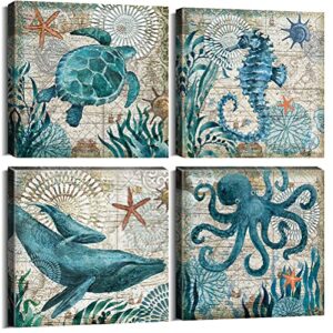 beach bathroom decor wall art ocean decor nautical sea turtle wall art bathroom pictures coastal octopus canvas painting teal bathroom accessories bedroom kitchen art home decorations 12×12″ 4 pcs/set