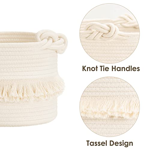 CherryNow Small Woven Storage Baskets Cotton Rope Decorative Hamper for Diaper, Blankets, Magazine and Keys, Cute Tassel Nursery Decor - Home Storage Container – 9.5'' x 7''