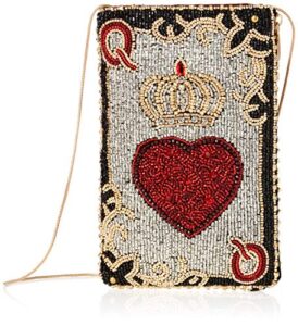 mary frances queen of hearts beaded playing card crossbody phone bag, silver