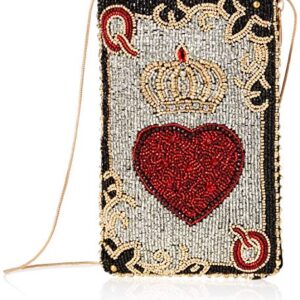 Mary Frances Queen of Hearts Beaded Playing Card Crossbody Phone Bag, silver