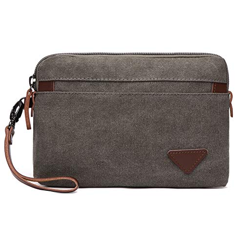 Canvas Wristlet Bag Large Clutch Bag Wallet Purse Zipper Pouch Handbag Organizer with Leather Strap for Men