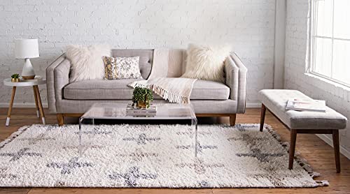 Unique Loom Hygge Shag Collection Modern Moroccan Inspired, Geometric Design, Plush & Cozy Area Rug, 2' 2" x 3' 0", Ivory/Tan