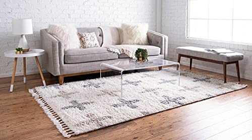 Unique Loom Hygge Shag Collection Modern Moroccan Inspired, Geometric Design, Plush & Cozy Area Rug, 2' 2" x 3' 0", Ivory/Tan