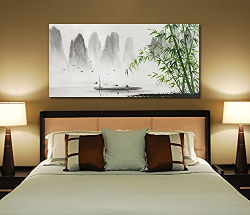 Large Hand Painted Traditional Chinese Painting Black and White Modern Landscape Canvas Wall Art Handmade Bamboo Artwork