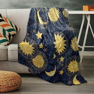 Flannel Fleece Throw Blankets, Boho Chic Golden Sun Moon and Stars Blue Black Sky Antique Style Decorative Blankets, Lightweight Super Soft Luxury Cozy Blanket for Stadium Couch Bed Sofa Chair