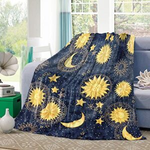 Flannel Fleece Throw Blankets, Boho Chic Golden Sun Moon and Stars Blue Black Sky Antique Style Decorative Blankets, Lightweight Super Soft Luxury Cozy Blanket for Stadium Couch Bed Sofa Chair