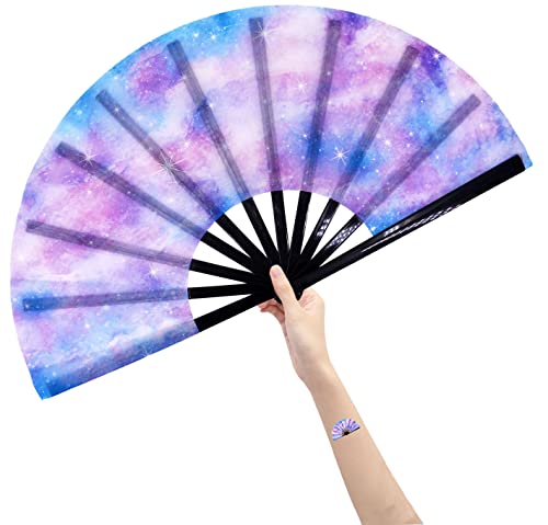 Amajiji Large Folding Fan, Chinease/Japanese Bamboo and Nylon-Cloth Folding Hand Fan, Hand Folding Fans for Women/Men, Hand Fan Festival Gift Fan Craft Fan Folding Fan Dance Fan (Galaxy)