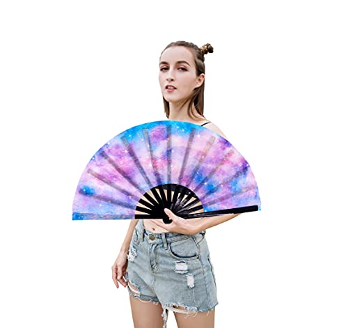 Amajiji Large Folding Fan, Chinease/Japanese Bamboo and Nylon-Cloth Folding Hand Fan, Hand Folding Fans for Women/Men, Hand Fan Festival Gift Fan Craft Fan Folding Fan Dance Fan (Galaxy)