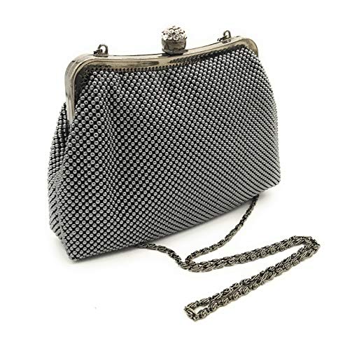 Women clutch small metal beaded mesh evening purse bag for Cocktail Party Prom Wedding Banquet (Gun Metal)