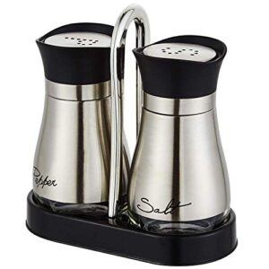 salt and pepper shakers set, stainless steel with glass bottle for table, rv, camp, bbq, set of 2