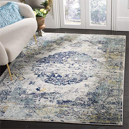 SAFAVIEH Madison Collection 9' x 12' Light Grey/Blue MAD158F Oriental Medallion Distressed Non-Shedding Living Room Bedroom Dining Home Office Area Rug