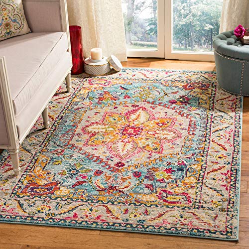 SAFAVIEH Phoenix Collection 4' x 6' Turquoise / Beige PHX153K Boho Chic Oriental Medallion Non-Shedding Living Room Bedroom Accent Rug