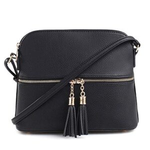 sg sugu lunar lightweight medium dome crossbody bag shoulder bag with double tassels | zipper pocket | adjustable strap|black