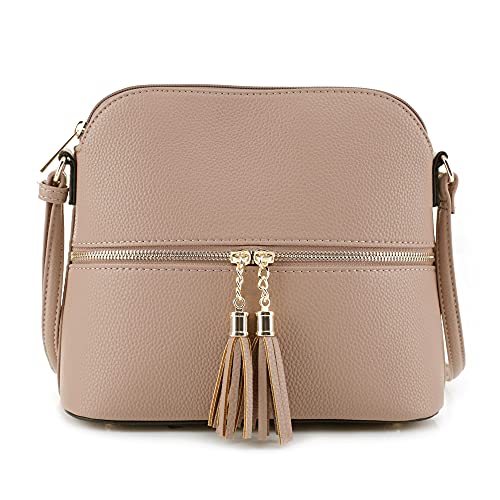 SG SUGU Lunar Lightweight Medium Dome Crossbody Bag Shoulder Bag with Double Tassels | Zipper Pocket | Adjustable Strap|Beige