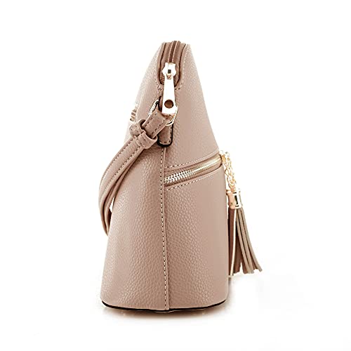 SG SUGU Lunar Lightweight Medium Dome Crossbody Bag Shoulder Bag with Double Tassels | Zipper Pocket | Adjustable Strap|Beige