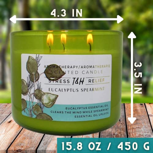 Stress Relief Aromatherapy Candles Eucalyptus Spearmint Scented Candle | 15.8 oz Soy Candles for Home | Decorative Candles Long Lasting 3 Wick Candle