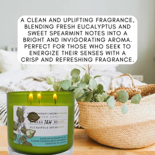 Stress Relief Aromatherapy Candles Eucalyptus Spearmint Scented Candle | 15.8 oz Soy Candles for Home | Decorative Candles Long Lasting 3 Wick Candle