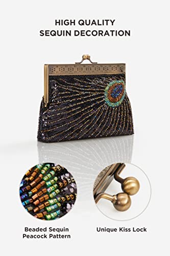 BABEYOND 1920s Flapper Peacock Clutch Gatsby Sequined Evening Handbag Beaded Bag (Style 2-Black)