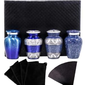 THE ASCENT MEMORIAL Blue Small Urns for Human Ashes Female Male | Set of 4 Premium Mini Keepsake Urns with Four Velvet Bags A Paper Funnel and A Stunning Magnet Closer Gift Box