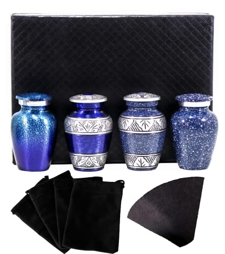 THE ASCENT MEMORIAL Blue Small Urns for Human Ashes Female Male | Set of 4 Premium Mini Keepsake Urns with Four Velvet Bags A Paper Funnel and A Stunning Magnet Closer Gift Box