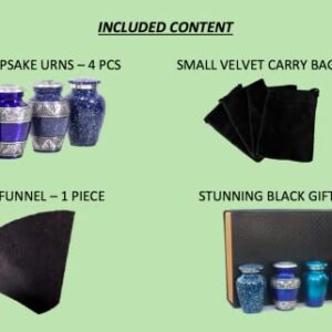 THE ASCENT MEMORIAL Blue Small Urns for Human Ashes Female Male | Set of 4 Premium Mini Keepsake Urns with Four Velvet Bags A Paper Funnel and A Stunning Magnet Closer Gift Box