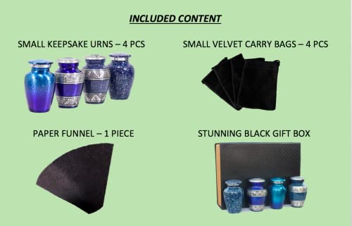 THE ASCENT MEMORIAL Blue Small Urns for Human Ashes Female Male | Set of 4 Premium Mini Keepsake Urns with Four Velvet Bags A Paper Funnel and A Stunning Magnet Closer Gift Box