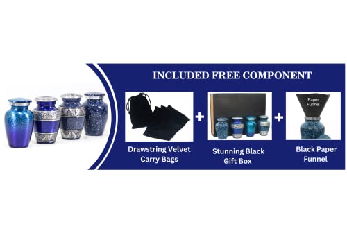 THE ASCENT MEMORIAL Blue Small Urns for Human Ashes Female Male | Set of 4 Premium Mini Keepsake Urns with Four Velvet Bags A Paper Funnel and A Stunning Magnet Closer Gift Box