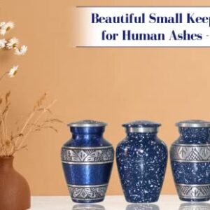 THE ASCENT MEMORIAL Blue Small Urns for Human Ashes Female Male | Set of 4 Premium Mini Keepsake Urns with Four Velvet Bags A Paper Funnel and A Stunning Magnet Closer Gift Box