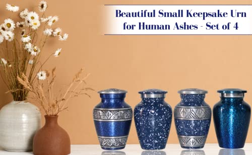 THE ASCENT MEMORIAL Blue Small Urns for Human Ashes Female Male | Set of 4 Premium Mini Keepsake Urns with Four Velvet Bags A Paper Funnel and A Stunning Magnet Closer Gift Box