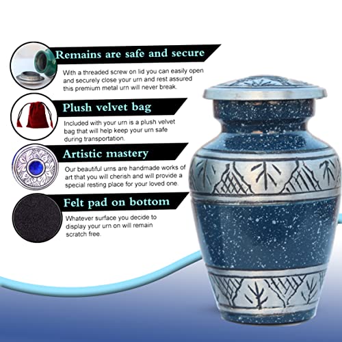 THE ASCENT MEMORIAL Blue Small Urns for Human Ashes Female Male | Set of 4 Premium Mini Keepsake Urns with Four Velvet Bags A Paper Funnel and A Stunning Magnet Closer Gift Box