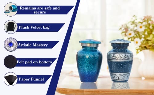 THE ASCENT MEMORIAL Blue Small Urns for Human Ashes Female Male | Set of 4 Premium Mini Keepsake Urns with Four Velvet Bags A Paper Funnel and A Stunning Magnet Closer Gift Box