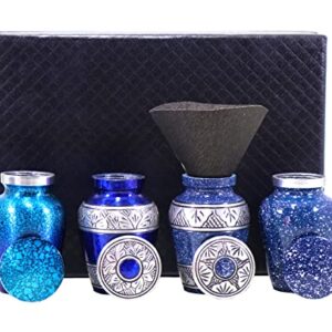 THE ASCENT MEMORIAL Blue Small Urns for Human Ashes Female Male | Set of 4 Premium Mini Keepsake Urns with Four Velvet Bags A Paper Funnel and A Stunning Magnet Closer Gift Box