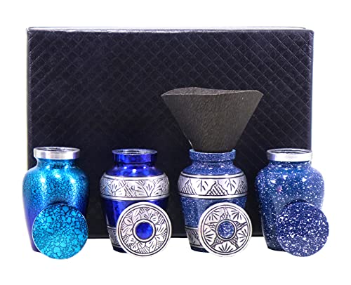 THE ASCENT MEMORIAL Blue Small Urns for Human Ashes Female Male | Set of 4 Premium Mini Keepsake Urns with Four Velvet Bags A Paper Funnel and A Stunning Magnet Closer Gift Box