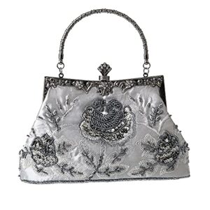 guozi vintage floral beaded rhinestone embroidery clutch sequin wedding party prom bag crossbody evening handbag for bridal ladies (grey)